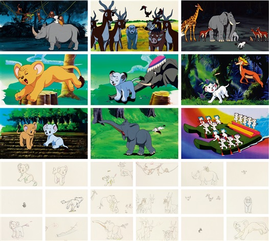 虫制作公司 《森林大帝》 动画赛璐璐片九帧, TEZUKA PRODUCTIONS DRAFTS AND CELLULOIDS OF THE ...
