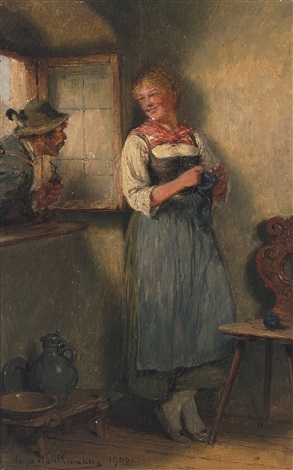 Strickende Magd mit Verehrer by Hugo Wilhelm Kauffmann on artnet