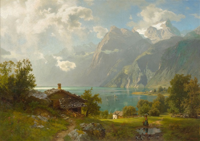 Mountain lake with washerwoman and child by August Wilhelm Leu on artnet