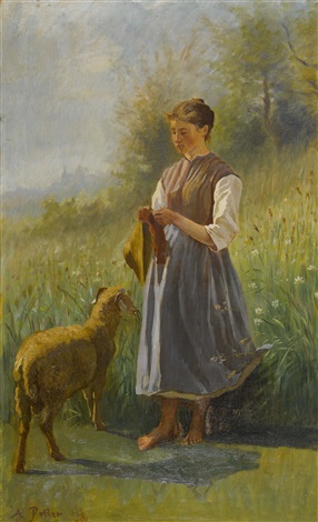 Schäferin beim Stricken by Adolphe Potter on artnet