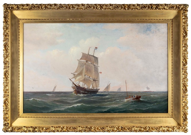A whaleship, probably the whaling bark Alice Knowles, leaving New ...