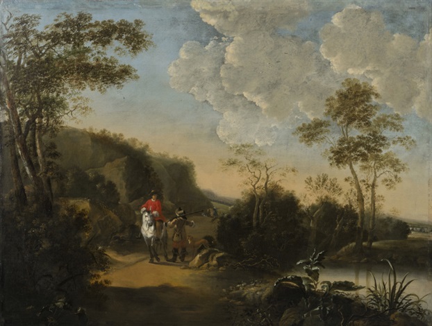 Extensive landscape with a horseman and a hunter conversing on a path ...