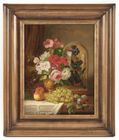 Still life of flowers with stuffed sing birds in a glass dome by John ...