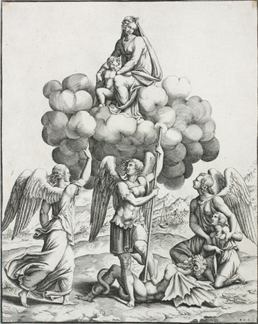 Der Heilige Raphael mit der Lanze auf dem Drachen zwischen Michael und ...