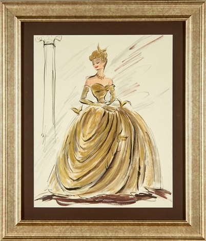 An Edith Head costume design for the iconic gold gown worn by Grace Kelly in To Catch a Thief by ...