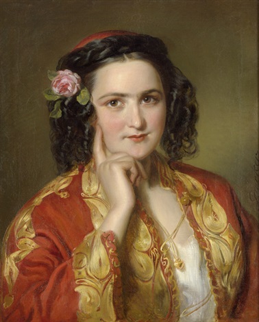 Bildnis einer Dame im griechischen Gewand mit Stickerei aus Goldbrokat ...