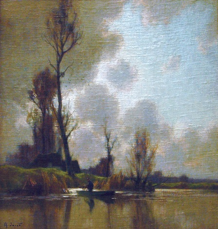 Lake Edge landscape with boat by Alexandre Louis Jacob on artnet