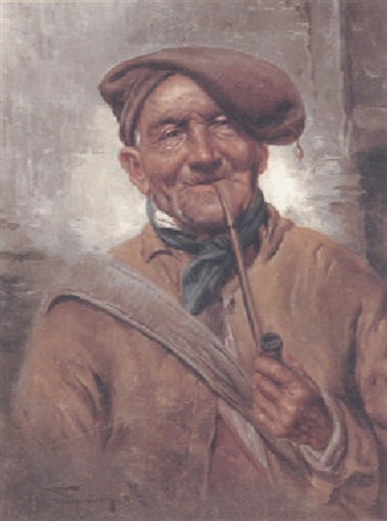 A portrait of an old peasant smoking a pipe by Italian School ...
