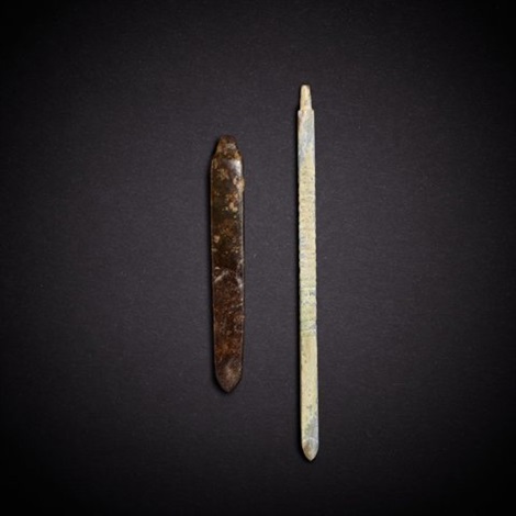 A small calcified jade cong and two jade awl-shaped ornament, Neolithic ...