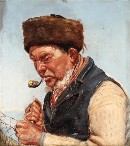 Fisherman Niels Gaihede reparing a fishing net by Michael Peter Ancher ...