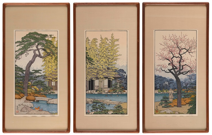 Friendly Garden Triptych Plum Tree, Pine Tree And Bamboo. by Toshi Yoshida on artnet