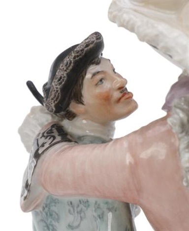 Two men dressed in Rococo costumes, porcelain figure group decorated in ...