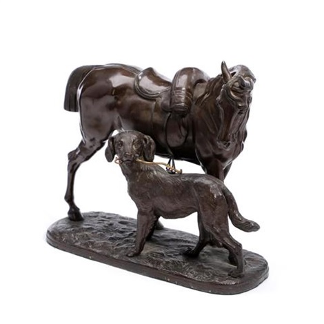A patinated metal sculpture depicting a horse and a dog by Paul Louis ...