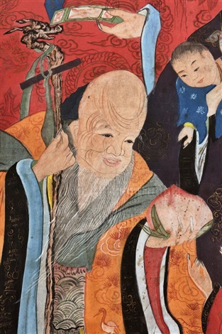 FRAMED INK ON PAPER PAINTING FU LU SHOU STARS by Xu Kuan on artnet