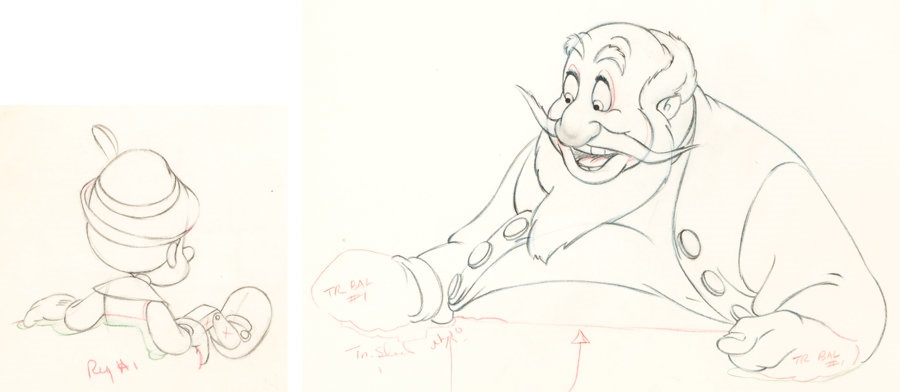 Pinocchio Stromboli and Pinocchio Animation Drawings Group of 2 Walt ...