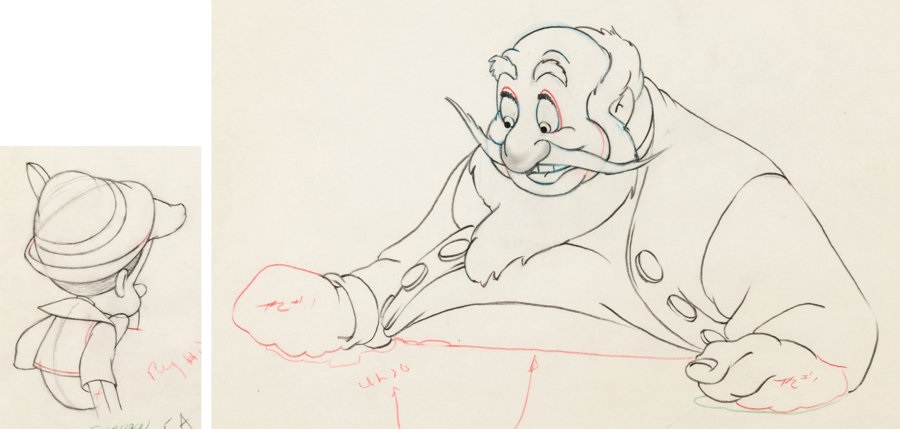 Pinocchio Stromboli and Pinocchio Animation Drawings Group of 2 Walt ...
