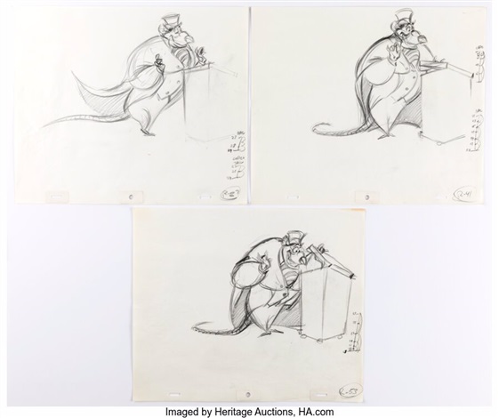 The Great Mouse Detective Ratigan Animation Drawings Group of 3 Walt ...