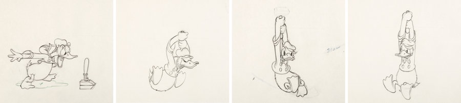 Donald and Pluto Group of 4 Donald Duck Animation Drawings Walt Disney ...
