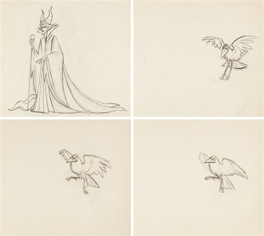 Sleeping Beauty Maleficent and Diablo Animation Drawings Group of 4 ...