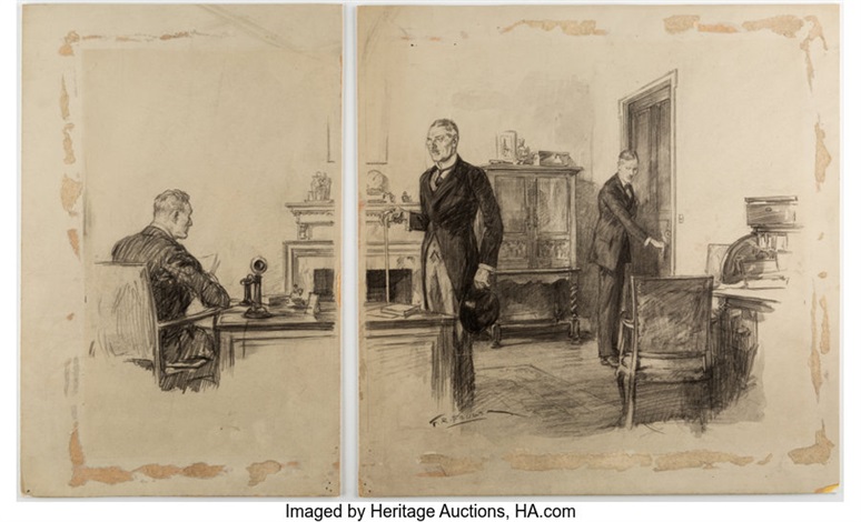 Frederic Rodrigo Gruger Three Men in a Room Illustration Original Art c ...