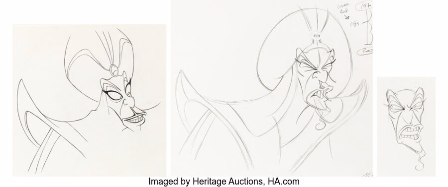 Aladdin Jafar Animation Drawing Group of 3 Walt Disney, 1992.... Total ...