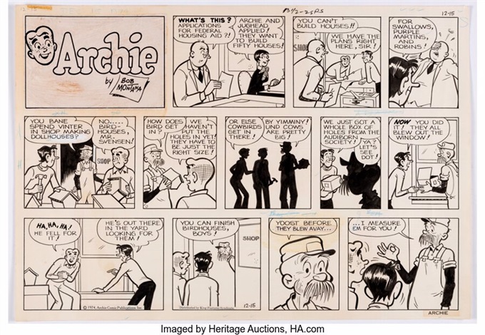 Bob Montana Archie Sunday Comic Strip Original Art dated 12-15-74 King ...