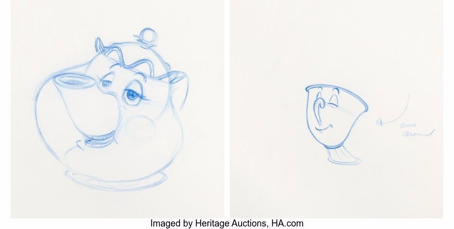 Beauty and the Beast Mrs. Potts and Chip Animation Drawings Group of 2 ...