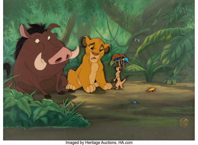 The Lion King Young Simba with Timon and Pumbaa Presentation Cel with ...