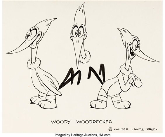 Woody Woodpecker Original Early Character Design Sheet by Alex Lovy Walter Lantz, c. 1940s. by ...