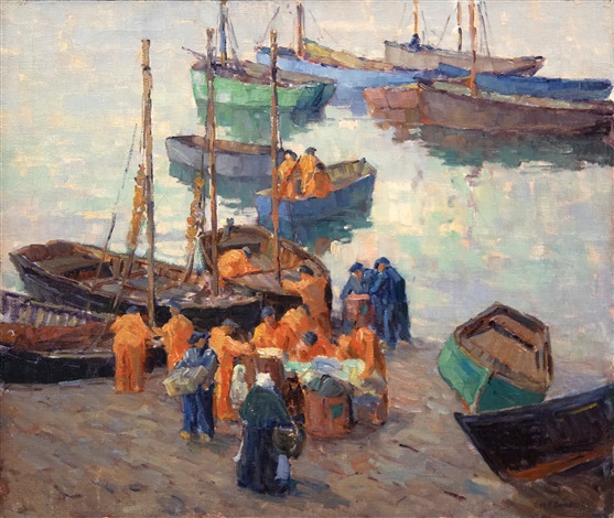 Fishermen on the Dock Loading Supplies by George Kennedy Brandriff on ...