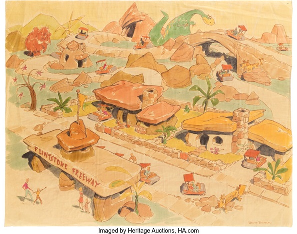 Cartoonsville Flintstone Freeway Theme Park Attraction Concept Painting ...