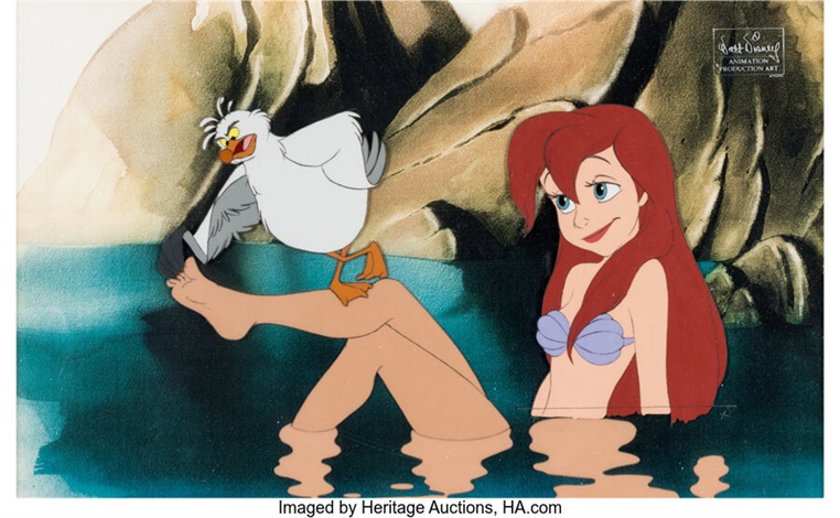 The Little Mermaid Ariel and Scuttle Production Cel with Certificate of Authenticity Signed by ...