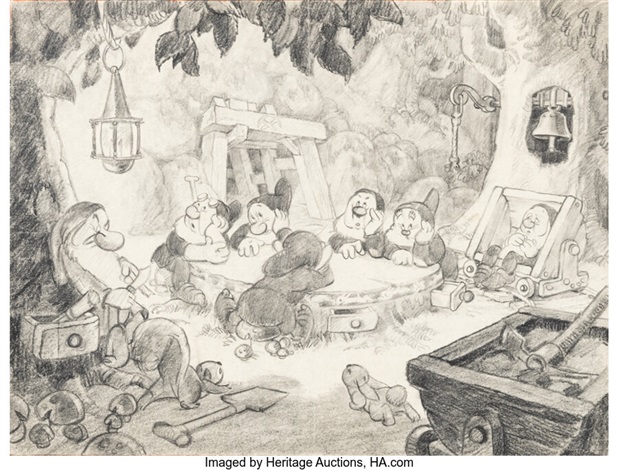 Snow White and the Seven Dwarfs Rare Bed Building Scene Layout Drawing ...