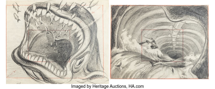 Pinocchio Monstro and Geppetto Layout Drawing Group of 2 Walt Disney ...