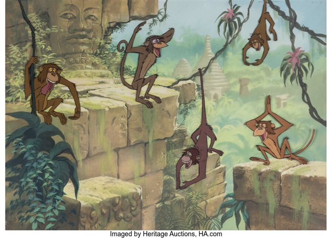 The Jungle Book King Louies Monkeys Production Cel with Key Master Background Walt Disney, 1967 ...