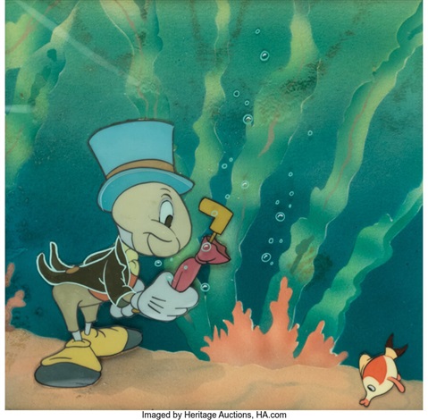 Pinocchio Jiminy Cricket Underwater Production Cel Courvoisier Setup with Ward Kimball Signature ...
