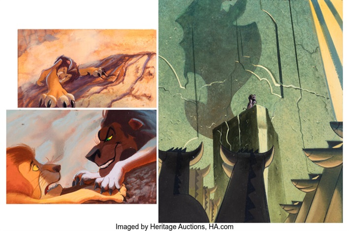 The Lion King Mufasa, Scar, and Hyenas Story ConceptColor Key Original Art Group of 3 Walt ...