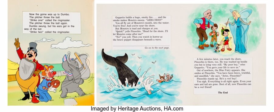 Dumbo and Pinocchio Book Illustrations Group of 2 Walt Disney, c. 1980s ...