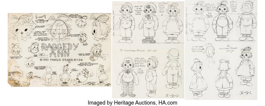 Raggedy Ann and Andy Studio Model Sheet Print Group of 10 Fleischer StudiosFamous Studios, 1940 ...