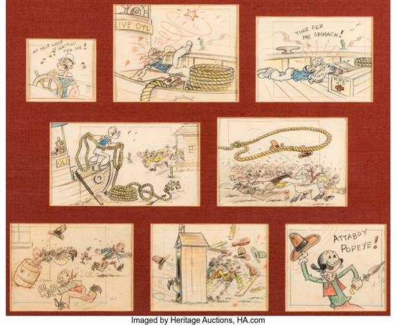 Popeye the Sailor Storyboard Original Art Sequence of 8 Max Fleischer, c. 1940s-50s.... Total 8 ...