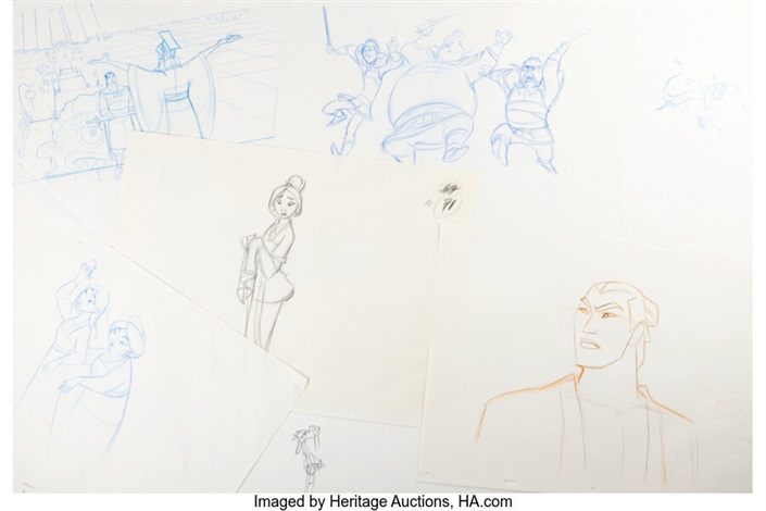 Mulan Assortment of 7 Production Rough Character and Layout Drawings ...