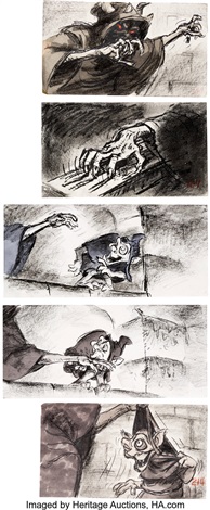 The Black Cauldron Horned King and Creeper Storyboard Group of 5 Walt ...