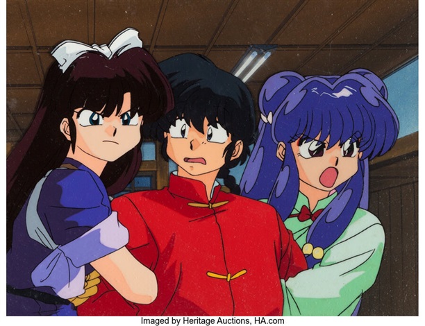 Ranma ½ Ranma, Shampoo, and Ukyo Production Cel Setup with Key Master Background Studio Deen, c ...