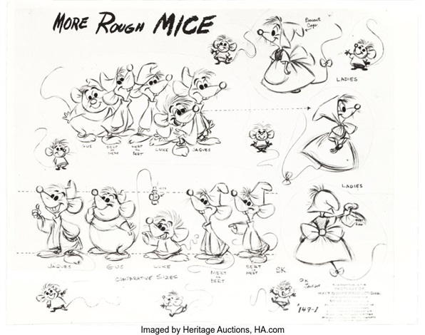 Cinderella Mice and Bruno Studio-Printed Model Sheet Group of 7 Walt ...