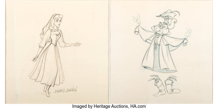Sleeping Beauty Briar Rose and Mock Prince Animation Drawing Group of 2 Signed by Mark Davis ...