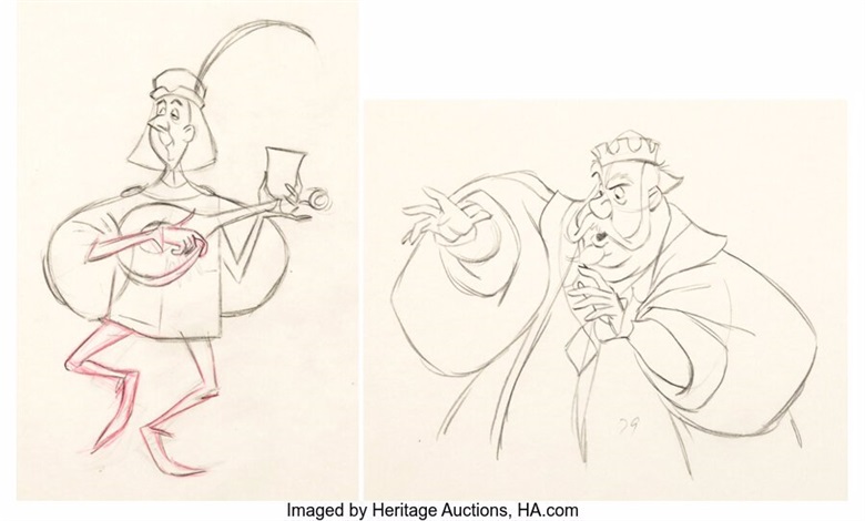 Sleeping Beauty King Hubert and Minstrel Animation Drawings Group of 4 ...