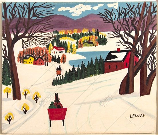 Winter Scene With Purple Mountains - bright, colorful, outsider art by ...
