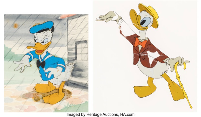 Donald Duck Production Cel Group of 2 with Custom Painted Background ...