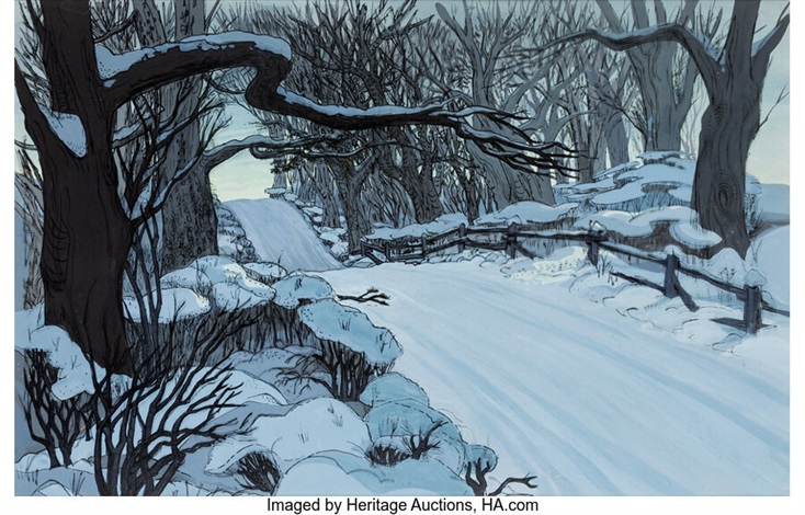 101 Dalmatians Snow-Covered Road Production Background with Cel Overlay ...