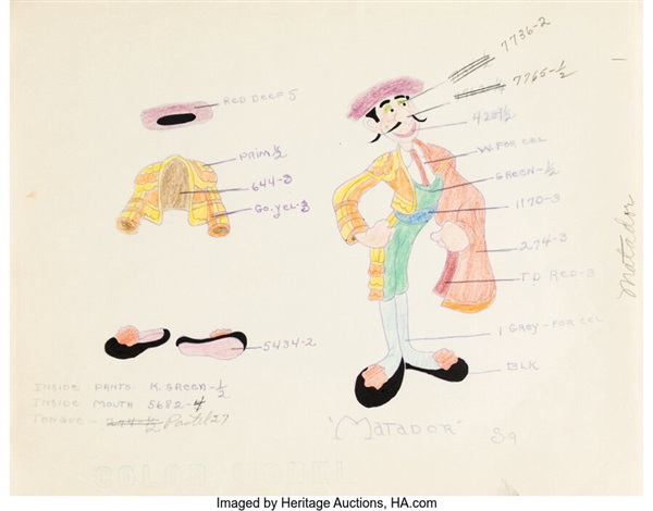 Ferdinand the Bull Matador Color Model Drawing Walt Disney, 1938 by ...